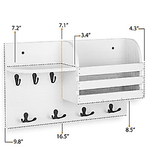 Wallniture Horta Mail & Key Holder for Wall, Farmhouse Decor Coat Rack Entryway Organizer with Hooks for Hanging Face Masks Wood Rustic White
