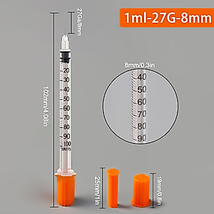 U-100 27G 1cc Syringes with 5/16 Inch-8mm Accurate Measuring for Liquid Individually Sealed Packaging (20Pack)