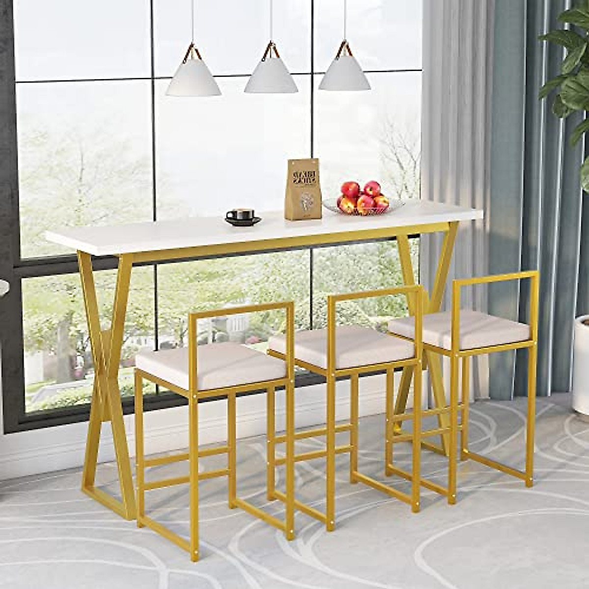 Harper & Bright Designs Modern 4-Piece Counter Height Dining Table Set, Extra Long Console Bar Kitchen and Dining Room Table Set with 3 Padded Stools for Small Places, Gold+White