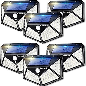 Korunb Solar Motion Lights Outdoor 6 Pack, Solar Fence Lights, 100LED/3 Modes 270° Lighting Angle Motion Sensor Security Lights, IP65 Waterproof Solar Powered for Garden Fence Patio Garage