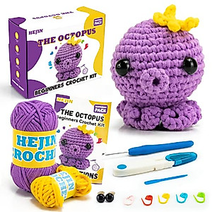 HEJIN Crochet Kit for Beginners, Beginner Crochet Kit for Adults Kids, Octopus Crochet Animal Kit Include Videos Tutorials, Yarn, Eyes, Stuffing, Crochet Hook- Boys and Girls Birthdays Gift
