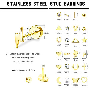 Sanfenly 24 Pairs Stud Earrings for Women Men 20G Stainless Steel Tiny Silver Gold Rose Gold Black Cartlidge Earrings Stud Small Snake Star Moon Ball Butterfly Triangle Heart Square Round CZ Screw