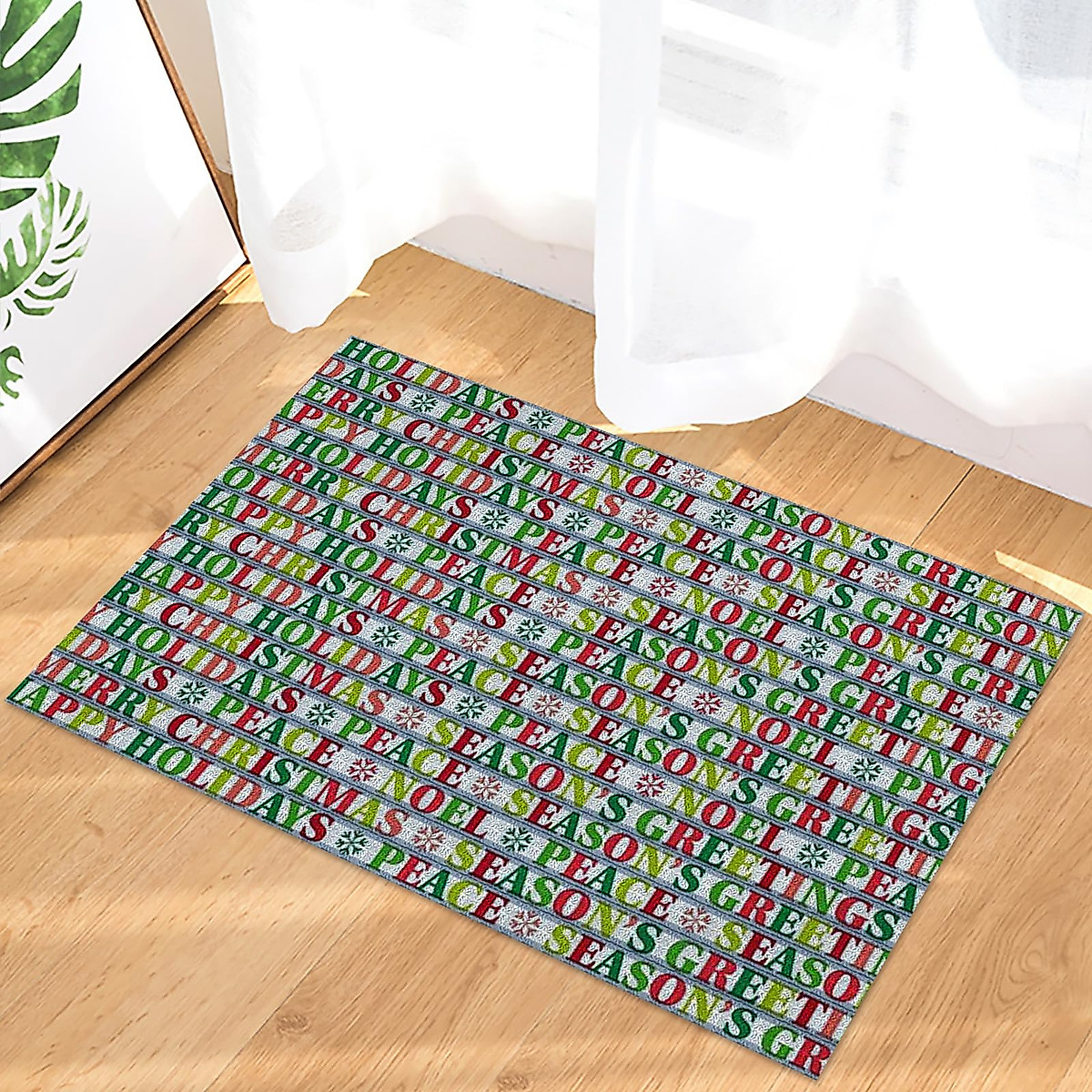 Merry Christmas Doormat Kitchen Bathroom Rug Floor Door Mat, Washable Welcome Entry Way Entrance Mat, Absorbent Hallway Accent Throw Runner Carpet, Red Green Winter Snowflake Stripe 16"x24"