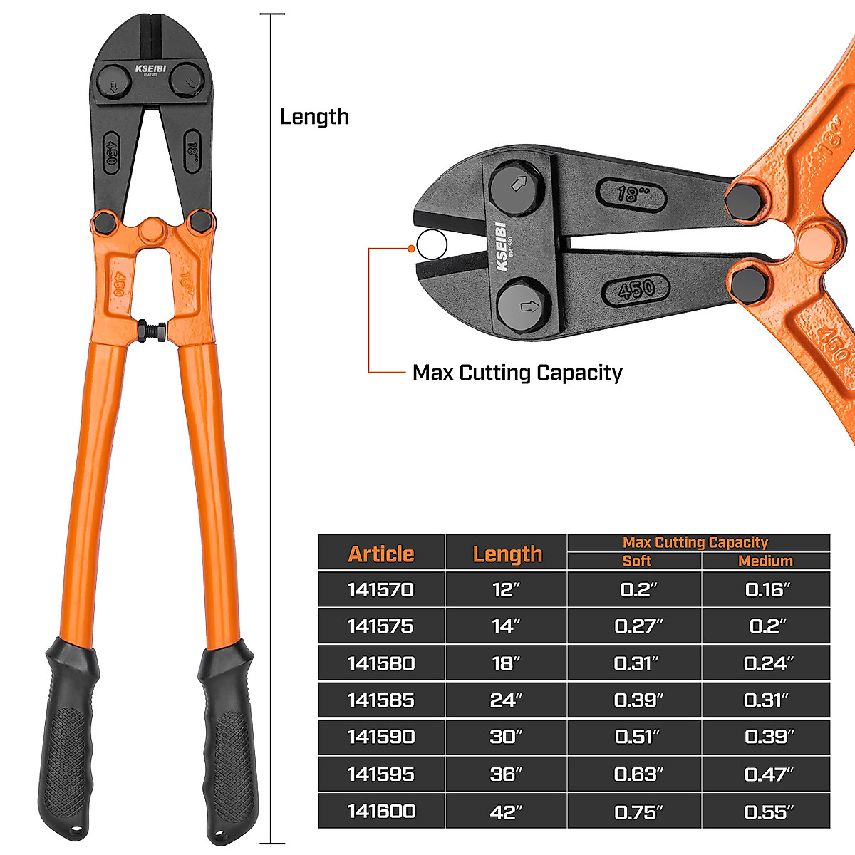 KSEIBI 141585 Heavy-Duty Medium Size Bolt Cutter 24" for Cutting Fence, Steel Wire, Chain, Screws, Rivet, and Medium Padlock, with Soft Grip Rubber Ergonomic Handle Cutters