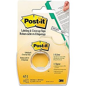 Post-it 651 Labeling & Cover-Up Tape, Non-Refillable, 1/6-Inch X 700-Inch Roll