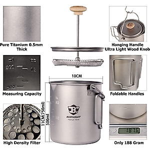 Bestargot Camping Titanium Pot, French Press Coffee Maker, Camp Cooking Pot with Light Wood knob, 750ml Camping Cup for Camping Hiking Backpacking, Capacity 25 Fl Oz