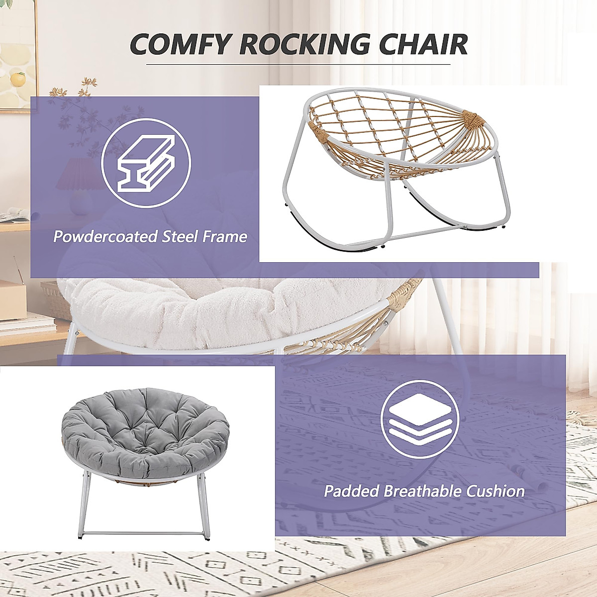 Naga Bahna Outdoor Round Rocking Chair, Patio Wicker Egg Chair, Comfy Oversized Papasan Chair with Light Grey Padded Cushion, Royal Rattan Rocker for Living Room, Front Porch, Patio