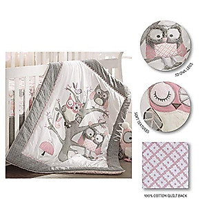 Levtex Baby - Night Owl Pink Crib Bed Set - Baby Nursery Set - Pink, Grey, White - Owls in a Tree - 5 Piece Set Includes Quilt, Fitted Sheet, Diaper Stacker, Wall Decal & Crib Skirt/Dust Ruffle