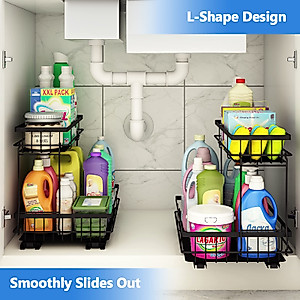 REALINN Under Sink Organizers and Storage, Silent Glide Pull Out Cabinet Organizer, 2 Tier Sliding Organizer for Kitchen Bathroom Laundry