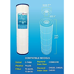 FILTPOOL FP-25106 4Pack, Hayward CX880XRE; PA106-PAK4, Unicel C-7488, Filbur FC-1226, Hayward Swim Clear C4020, C4025, C4030