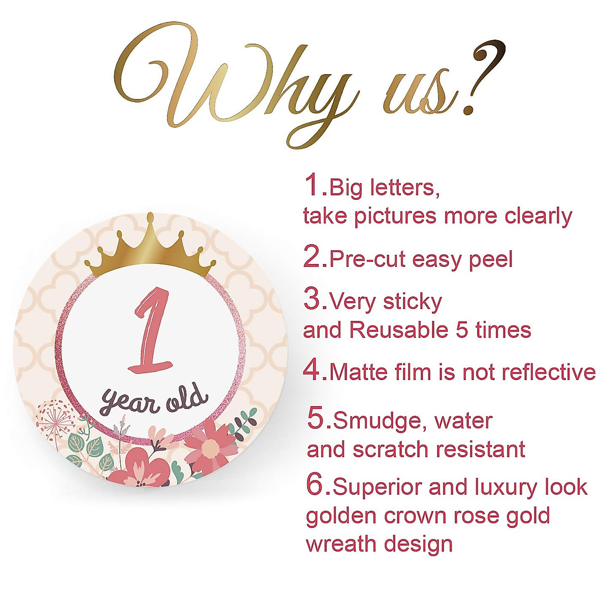 Baby Monthly Milestone Stickers, (Set of 20) Baby Belly Stickers with Crown Rose Gold Flower, Best Baby Shower Registry Gift, Scrapbook Photo Keepsake or Baby Photo Sharing Milestone Sticker.