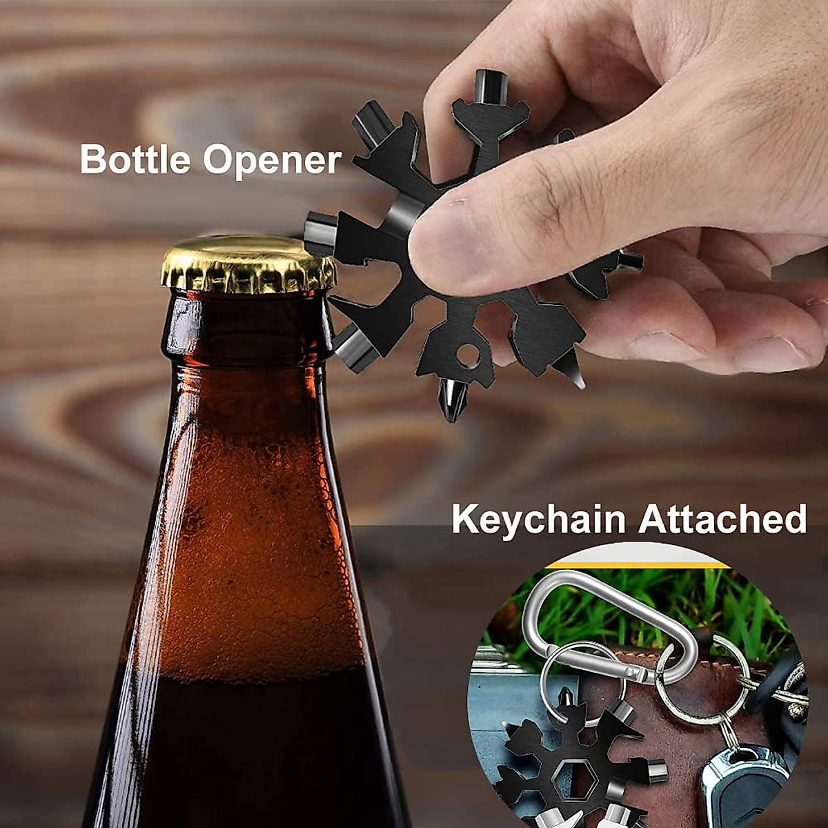 Snowflake Multi tool, 19 in 1 Portable Stainless Steel Snowflake Tool for Outdoor Travel Camping, with Key Ring and Carabiner Clip,Gift for Men Dad (Black)