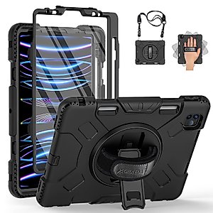 GROLEOA Case for iPad Pro 11 inch 2022/2021: Military Grade Shockproof Protective Cover with Screen Protector for iPad Pro 11 4th Gen 2022 / 3rd Gen 2021 + Pencil Holder + Stand + Strap- Black