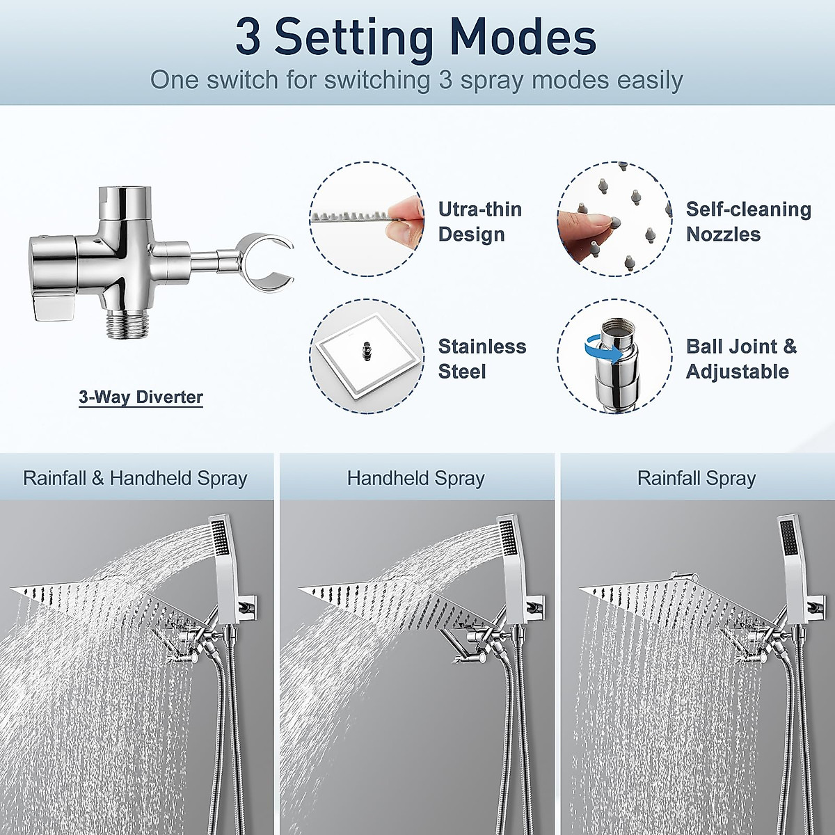 Psylc 10 Inch (All Metal) Rain Shower Head With Handheld, High Pressure Dual Shower Head Combo With Adjustable Extension Arm, 70" Flexible Hose, 3-Way Diverter - Height/Angle Adjustable(Chrome)