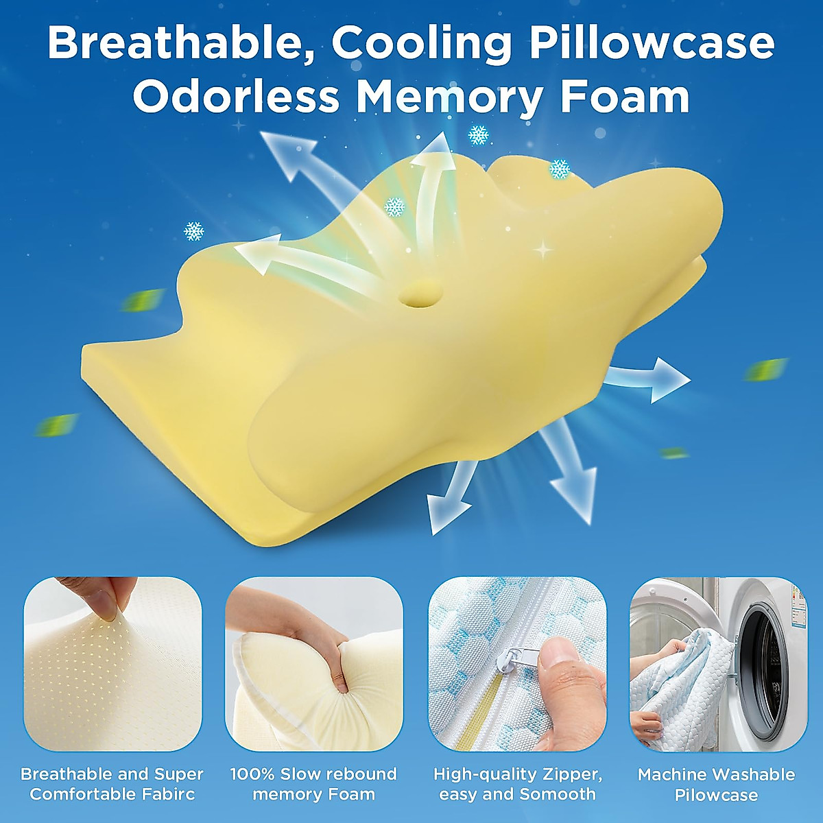 Cool Cervical Neck Pillow for Pain Relief, Ergonomic Contour Side Sleeper Pillow for Adults, Orthopedic Memory Foam Back Stomach Sleepers, 2 in 1 Stomach Sleeping Blue