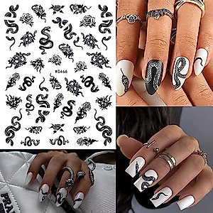 YOSOMK 9 Sheets Halloween Nail Art Stickers Decals Gothic Snake Skeleton Nail Decals 3D Self-Adhesive Nail Art Supplies Letter Heart Sun Moon Design Nail Accessories for Women Manicure Decorations.…