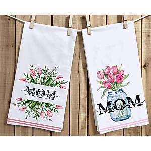 Secarond Blssed Mom Tulip Mason Jar Kitchen Dish Towel 18 x 28 Inch Set of 2, Happy Mother's Day Spring Summer Floral Tea Towels Gift Dish Cloth for Cooking Baking