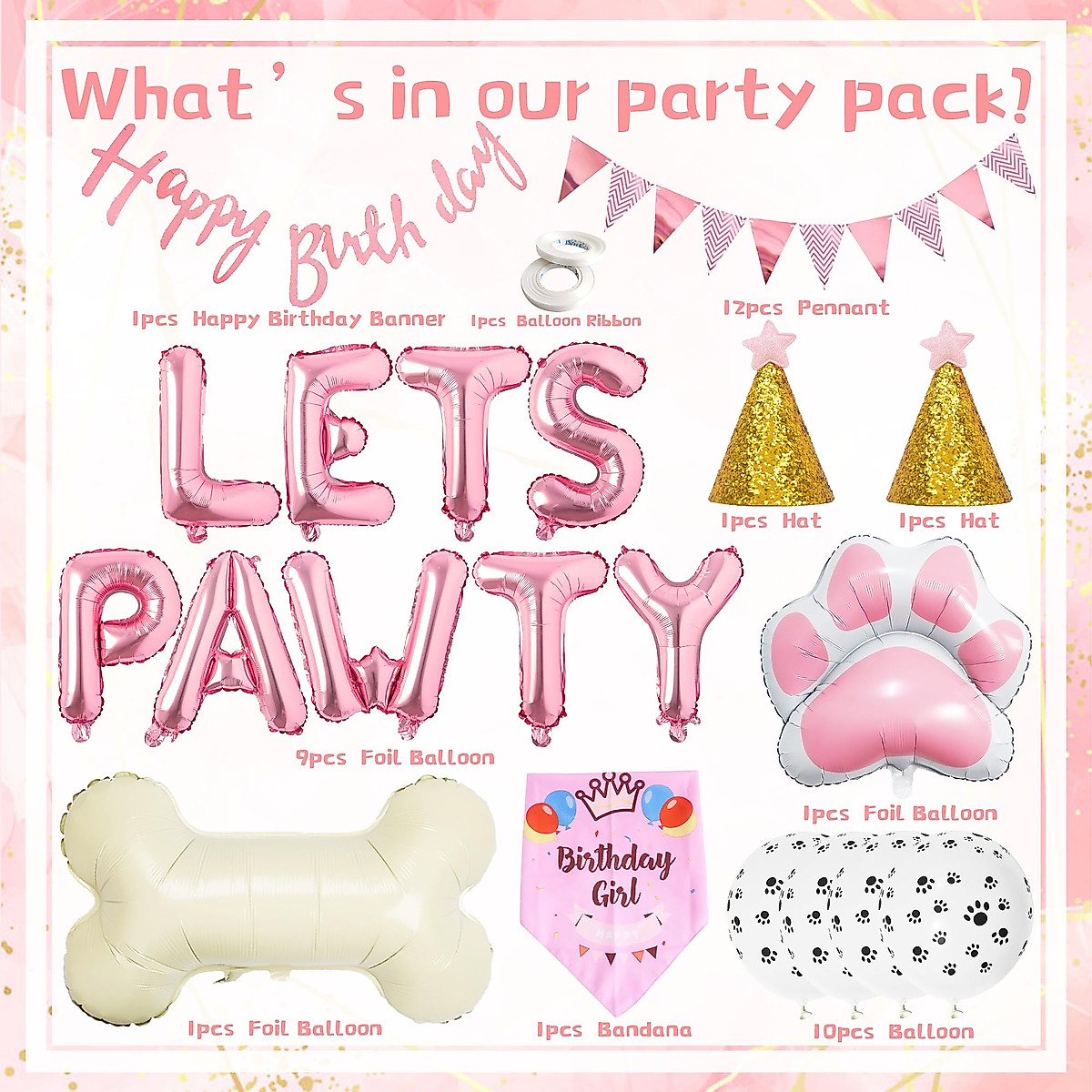 Dog Birthday Decorations Girls - Dog Party Decorations Cute Dog Girl Birthday Bandana Hats Happy Birthday Banner Pennant Pink Dog Paw Bone Foil Balloons for Pet Puppy Party Supplies