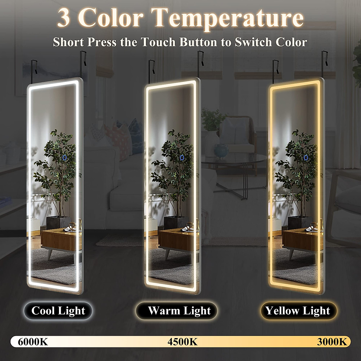 NeuType Full Length Mirror with Lights, 47"x16" LED Full Length Mirror, Over The Door Lighted Mirror with 2 Hangers, Dimmable Brightness & 3 Color, Wall Mirror for Bedroom, No Battery Required, White
