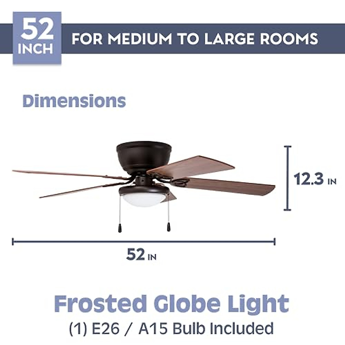 Prominence Home Benton, 52 Inch Traditional Flush Mount Indoor LED Ceiling Fan with Light, Pull Chains, Dual Finish Blades, Reversible Motor - 51429-01 (Bronze)