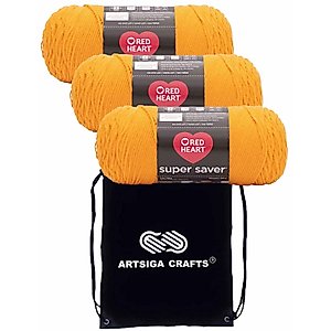 Red Heart Super Saver Saffron E300-234 (3-Skeins - Same Dye Lot) Worsted Medium #4 Acrylic Yarn for Crocheting and Knitting - Bundle with 1 Artsiga Crafts Project Bag