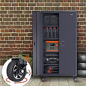 VEVOR Metal Storage Wheels, 200 lbs Load Capacity per Shelf 72'' Tall Powder-Coating Steel Cabinet with 4 Adjustable Shelves, Magnet Doors & Lock, Perfect for Office Home Garage, Black