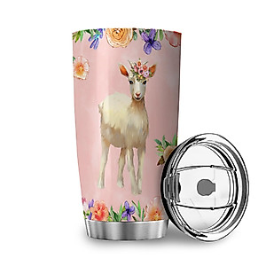 Goat Tumbler With Flip Lid - Flower Stainless Steel Insulated Travel Mug for Hot and Cold Drinks, Hiking, Camping, Office - 20oz Coffee Cup