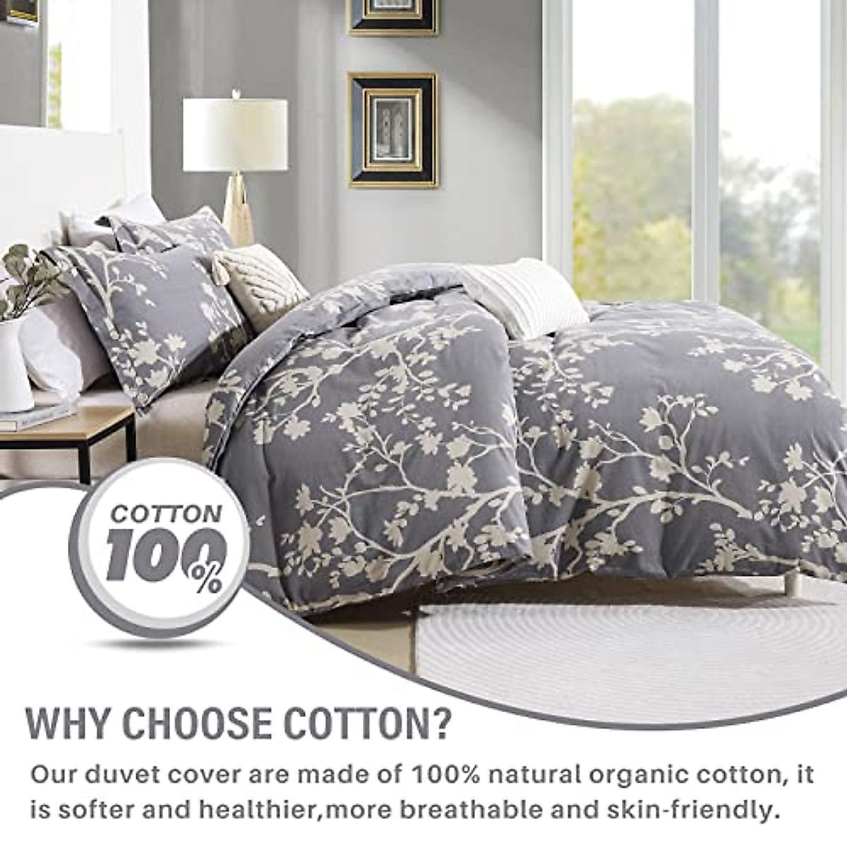 CozyQQ Cotton Duvet Cover Queen - 100% Cotton 400TC Soft Brown Spring Queen Duvet Cover Set, 3 Pieces Floral Duvet Cover with Zipper Closure, 1 Duvet Cover & 2 Pillow Shams (90x90, No Comforter)