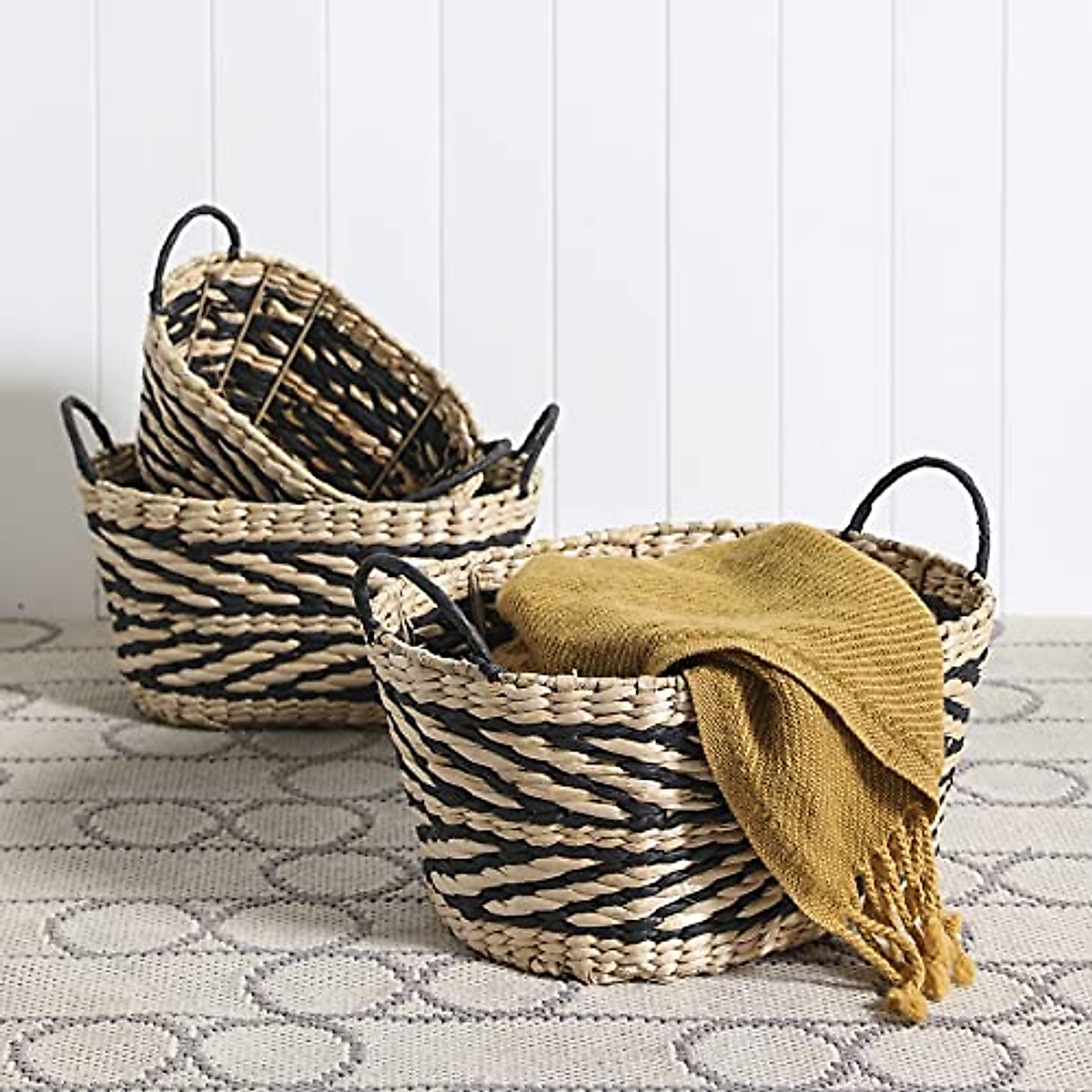 Motifeur Water Hyacinth and Paper Handwoven Basket (Assorted Set of 3, Beige and Black)