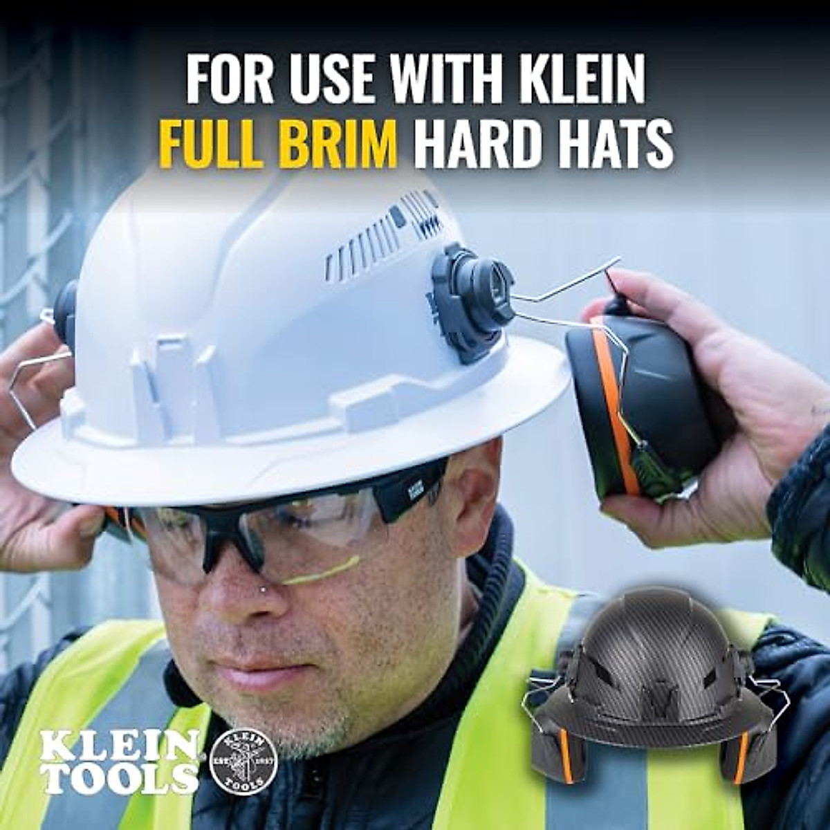 Klein Tools 60502 Earmuffs, Full Brim Hard Hat Attachment, 26dB Noise Protection, for Construction, Manufacturing, Maintenance, Woodworking