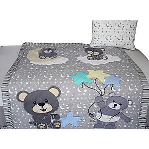 BabyFad Teddy Bear Grey with Stars, Moon and Cloud 100% Cotton Nursery for Baby Boys and Girls, Musical Mobile 9 Piece Crib Bedding Set