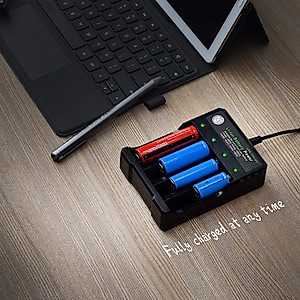 18650 Battery Charger 4 Bay Fast Charge, for 3.7V Li-ion TR IMR 10440 14500 16650 14650 18350 18500 16340(RCR123) Batteries, USB Intelligent Universal Rechargeable Battery Charger
