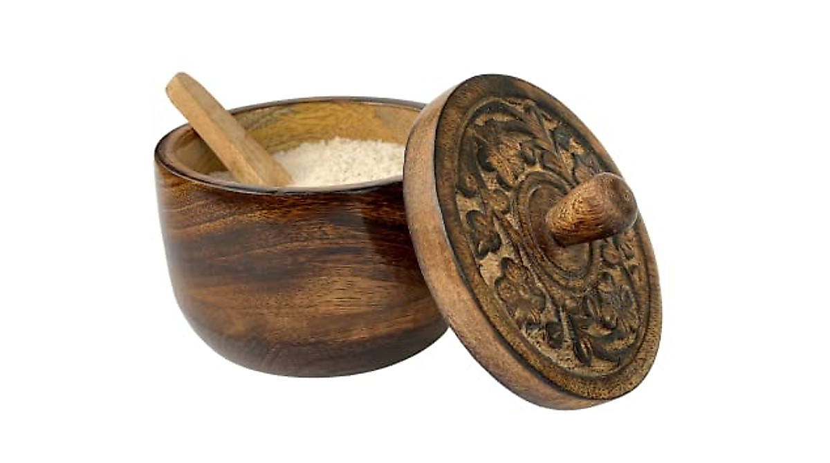 Rustic Salt Box with Carved Lid & Spoon - Kitchen Essential