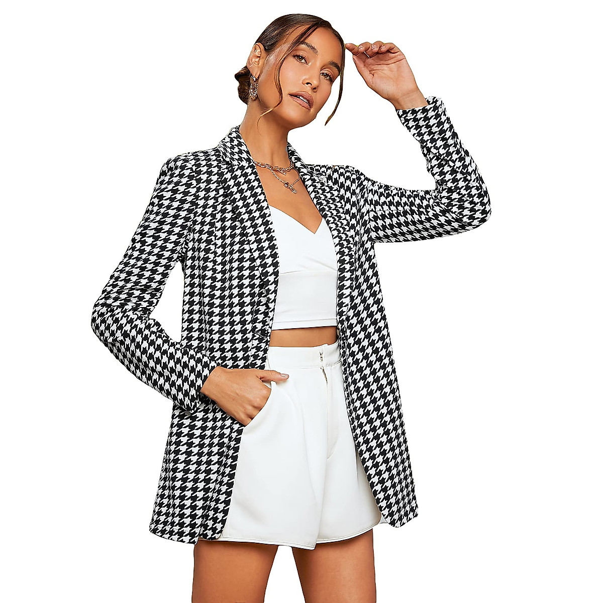 WDIRARA Women's Houndstooth Button Front Blazer Long Sleeve Jacket Elegant Outerwear Black and White S