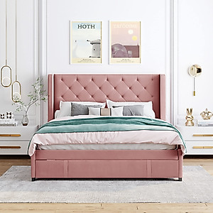 Morhome Queen Size Upholstered Bed Frame with Wingback Headboard and a Big Drawer, Noise-Free, No Box Spring Needed, Easy Assembly