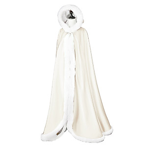 BEAUTELICATE Wedding Cape Hooded Cloak for Bride Winter Reversible with Fur Trim Free Hand Muff Length 50" Ivory