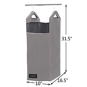 The Fine Living Co. Hanging Laundry Hamper Bag With 2 Strong Metal Removable Hangers For Closet, Wide Open Top Hanging Closet Heavy Clothes Storage Hamper Bin, Durable Space Saving Closet Laundry Bin 16.5"x 10" x 31.5" (Grey)