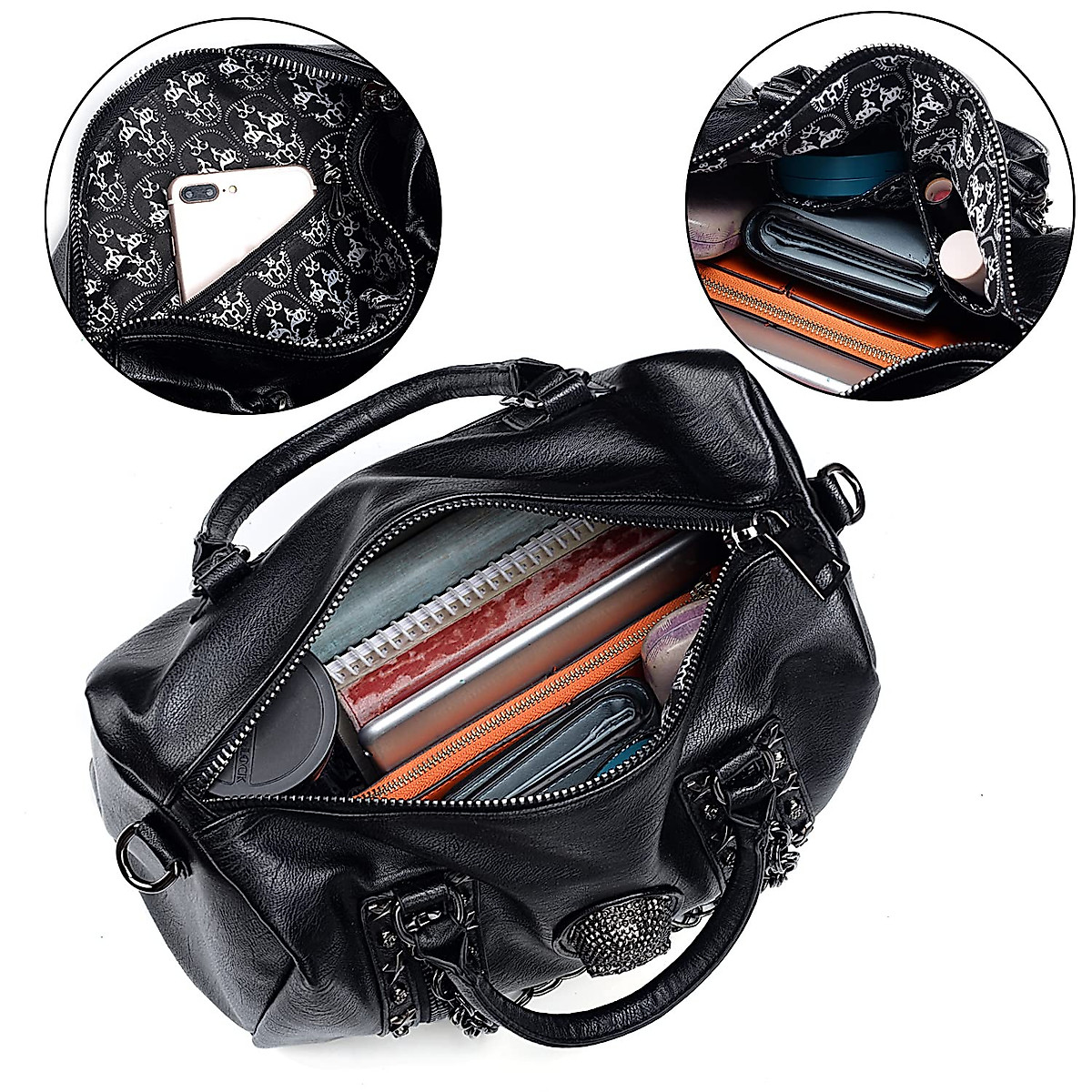 UTO Women Skull Tote Bag Rivet Studded Metal Chain Handbag PU Leather Purse Shoulder Bags 513A