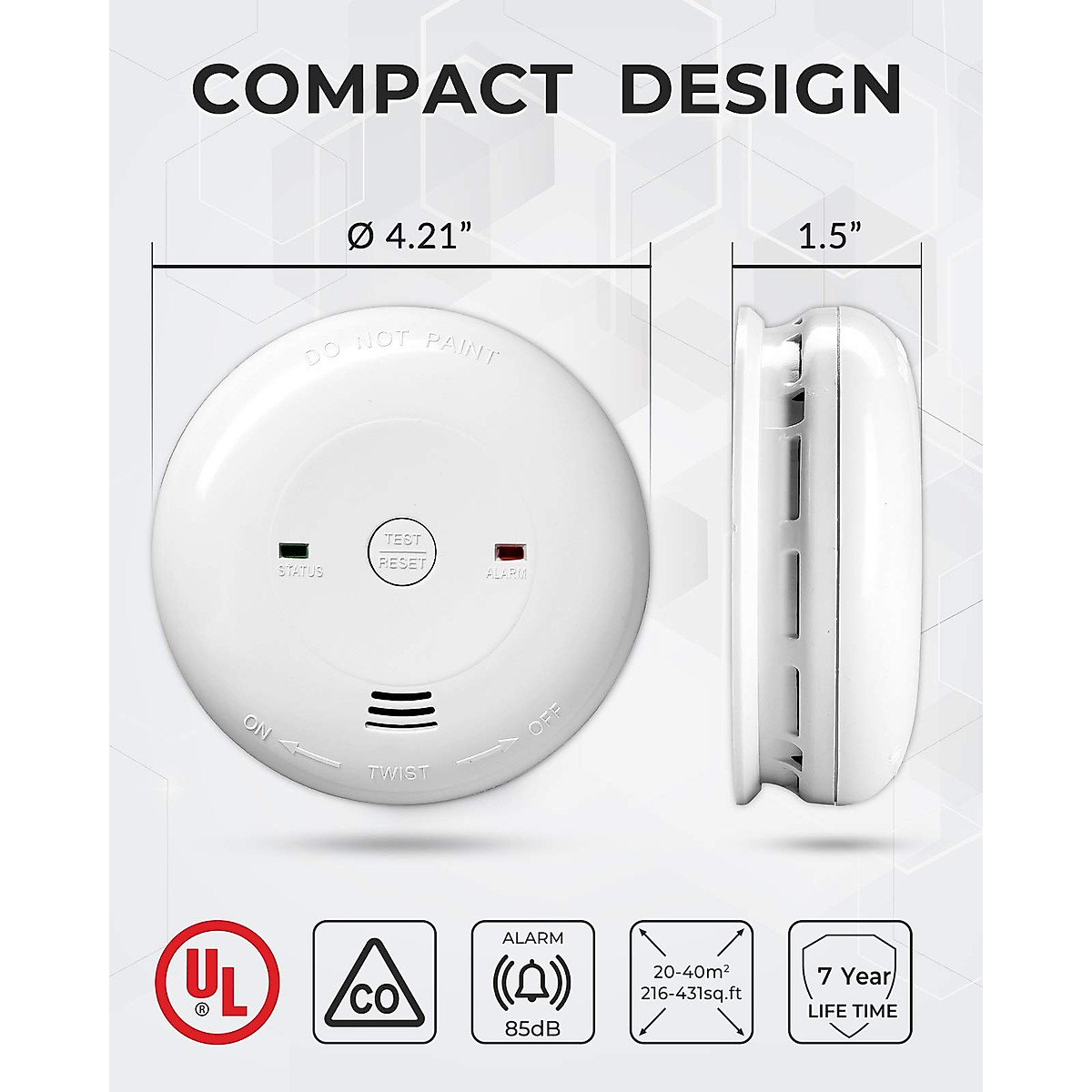 SITERWELL Carbon Monoxide Detector, 7-Year Product Life CO Detector with LED Indicator, CO Alarm with Test & Silence Button, Battery Operated, Low Battery Warning, UL 2034 Standards, 4 Pack