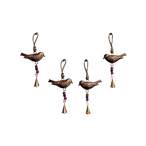 Mie Creations Sparrow Décor, Metal Birds Carved Wings, Feather (Set of 4) | Wildlife Wall Art Hanging, Garden Miniature Ornaments for Crafts, Home | Rustic Gold Bird Figurines with Jingle Bells-4.5''