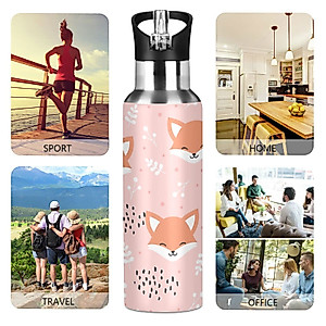 ZZKKO Water Bottle with Straw Cute Fox Pink Stainless Steel Iron Flask Capsule Water Bottle Daily Water Intake Bottle Thermos Kids Cups No Spill Women Adult 20OZ/600ML