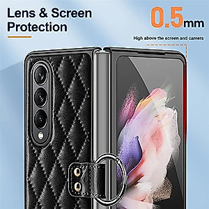 Designed for Samsung Galaxy Z Fold 5 Case with Ring Holder & Built-in Screen Protector Women Stylish Quilted Leather Luxury Gold Plated Frame Case for Samsung Z Fold 5 2023,Pink