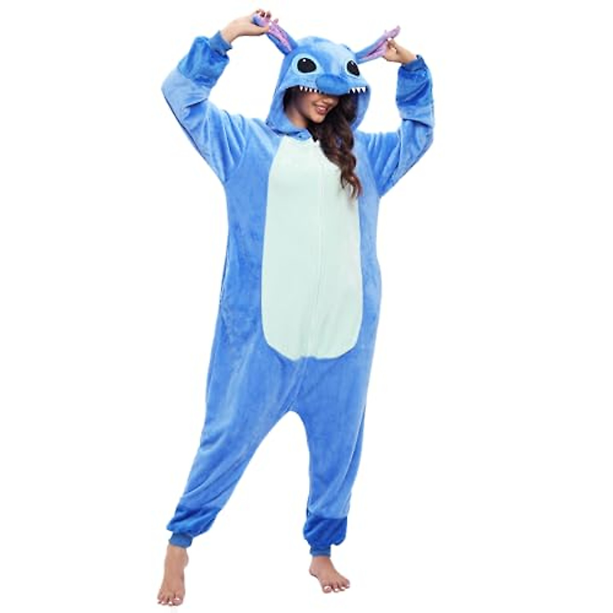 Plustrong Adult Onesie Costume Pajamas Halloween Costumes Animal Onesie Cosplay Sleepwear (Blue Stitch,M)
