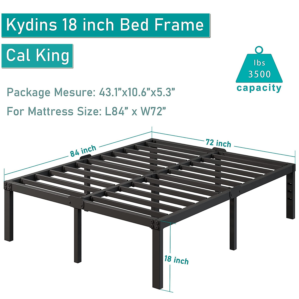 Kydins California King Bed Frames Platform 18 Inch with Storage Black Heavy Duty Platform Headboard Compatible Mattress Foundation for Memory Foams Non-Slip Support 3500 lbs