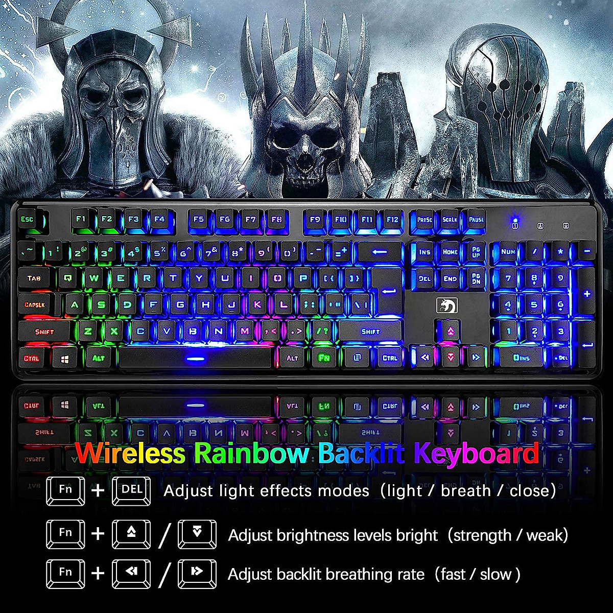 Wireless Gaming Keyboard Mouse and Wrist Rest Combo Rainbow Backlight Silent Mechanical Feel Keyboard with 7 Color Breathing Mute Mice Memory Foam Cushion Hand Rest for Computer PC Gamer