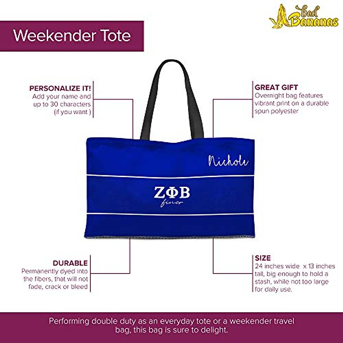 BBGreek Zeta Phi Beta Sorority Paraphernalia - Large Travel Tote Bag, Overnight Bag - Personalized (Color Block)