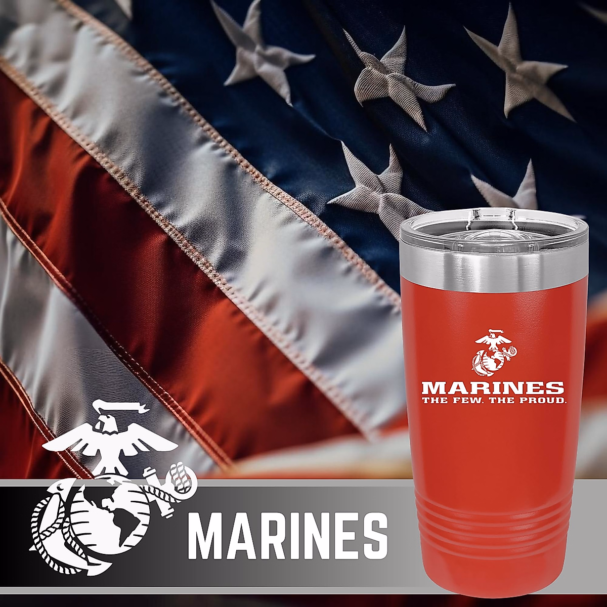 United States Marine Corps 20oz Travel Tumbler- Stainless Steel Red Coffee Mug with Acrylic Lid- Military Gear, Ideal Gift for Armed Services Veteran, Active Duty Marine- For Office, Home, Auto