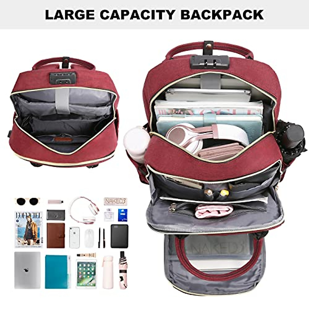 LOVEVOOK Laptop Backpack Purse for Women with 15.6-inch Laptop Compartment, Large Travel Anti-theft Work Bags with Lock, Business Computer College Backpacks, Casual Daypack with USB Port, Wine Red