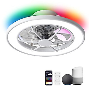 ocioc Low Profile Ceiling Fans with Lights,18 in Smart Ceiling Fans with Alexa/Google Assistant/App Control Color Changing LED-RGB Back Ambient Light for Bedroom