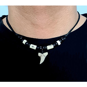 Swimmi Genuine Shark Tooth Necklace for Men, Mako Shark Tooth Necklace, Handmade Wooden Beads Cords Surfer Shark Tooth Necklace for Women Jewelry GA384